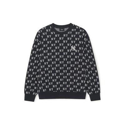 MLB SS24 纽约洋基队 满印老花套头圆领长袖卫衣 男女同款 黑色