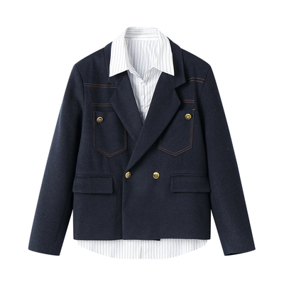 撞色线学院西装假两件西装