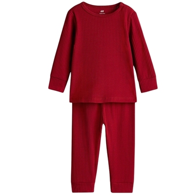 HM童装男婴女婴套装冬季罗纹棉质红色新年长袖长裤睡衣0867135