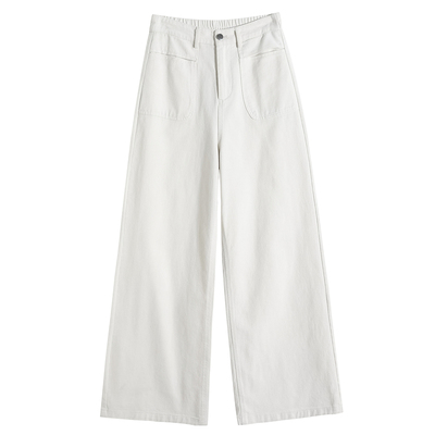 白色双口袋牛仔棉直筒休闲阔腿裤
