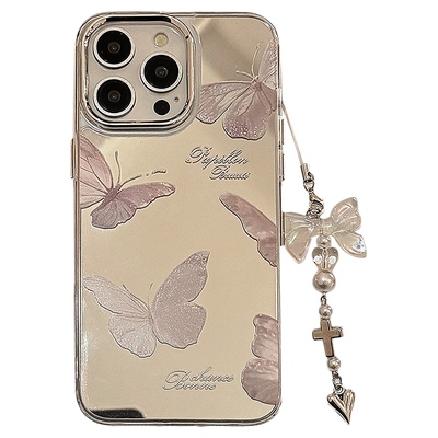 mirror butterfly pendant pc case适用iphone 11 12 13 14 15 16 plus 17 pro max