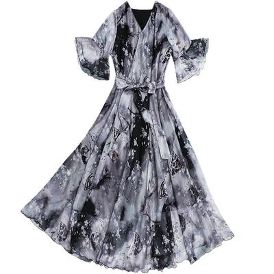 水墨印花灵动飘逸雪纺连衣裙