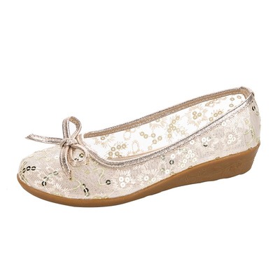 新款亚麻透气小坡跟亮片女单凉鞋