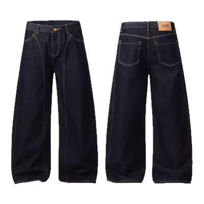 98SQUID 美式简约丹宁蓝色阔腿弯刀牛仔裤男女宽松百搭显瘦长裤潮