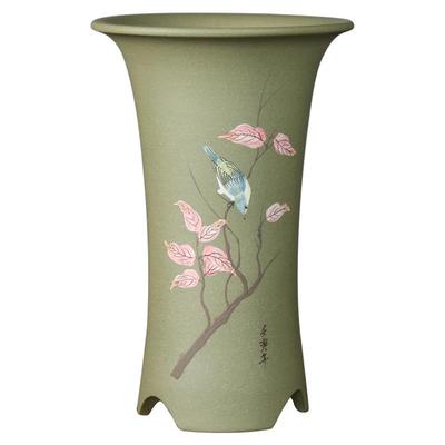 豆青泥紫砂古典泥绘透气兰花盆