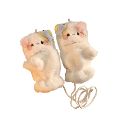 可爱猫咪翻盖毛绒手套触屏玩手机