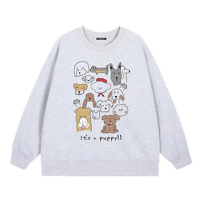 【周深同款】i.tGROUNDZERO 秋款浅灰小狗派对棉印花卫衣长袖上衣