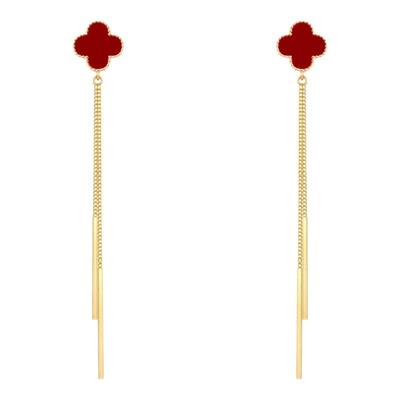 小众红色四叶草流苏耳环