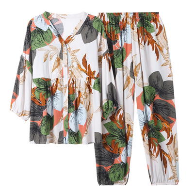 棉绸睡衣女新品家居服夏季薄款大码棉绸开衫套装春秋款妈妈长袖