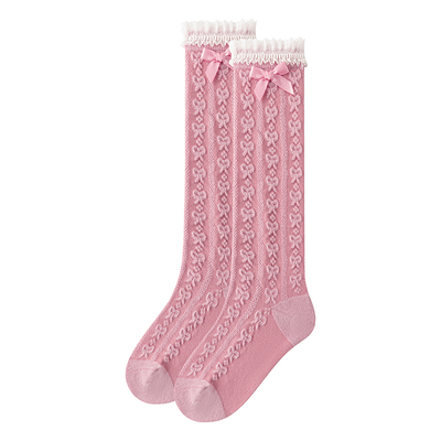 LittleNaive女童蝴蝶结提花肌理半筒袜秋新款儿童法式中筒袜 抗菌