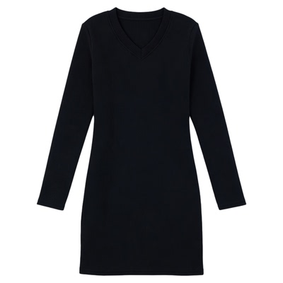 黑色V领收腰连衣裙女包臀打底裙