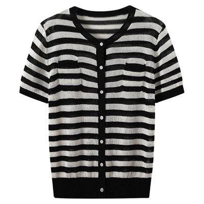 黑白条纹镂空针织开衫女