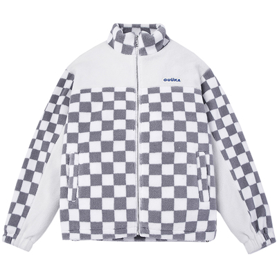 GUUKA棋盘格拼接羊羔绒棉衣
