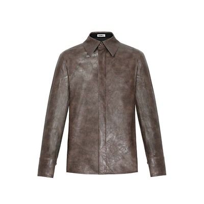 山谷少年复古PU合体落肩长袖衬衫