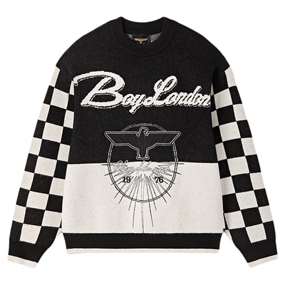 BOYLONDON黑白棋盘格毛衣春季休闲男女情侣款针织套头毛衫N60701