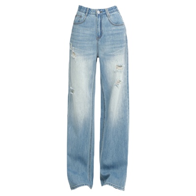 美式复古破洞阔腿牛仔裤高街裤子