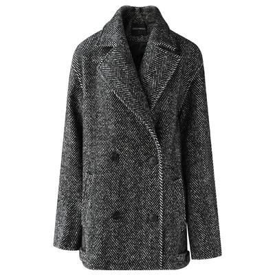 黑白人字纹大衣翻领毛呢外套