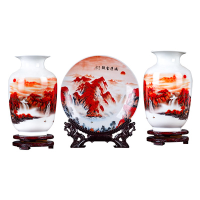 景德镇大号鸿运当头花瓶红博古架新中式插花摆件陶瓷一对粉彩高档