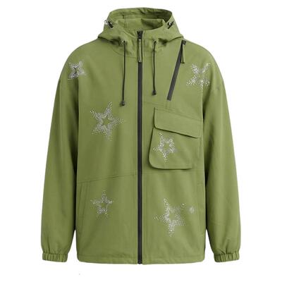 TCH时尚潮牌五角星烫钻绿色休闲夹克连帽外套男女同款T78A27E5005
