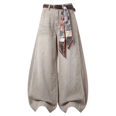 NOPASS复古腰果花丝巾牛仔裤