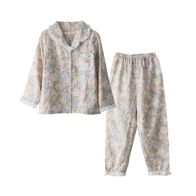 春秋纯棉A类女童双层纱睡衣套装