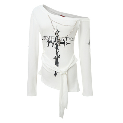 街头风十字架印花斜肩长袖T恤女