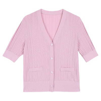 Maven Lin 1/70伯爵丝棉肌理感轻柔V领针织开衫短袖女轻薄短上衣