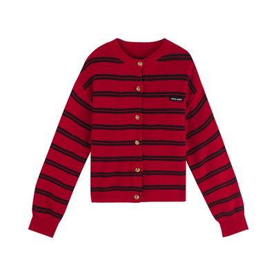 伊纳芙高级红色条纹针织开衫