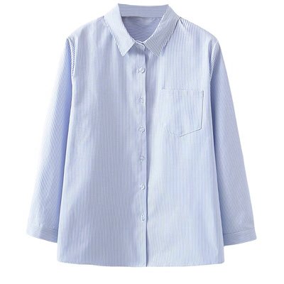 粉色条纹衬衫长袖小清新衬衣女大码胖mm春秋季法式上衣设计感高级