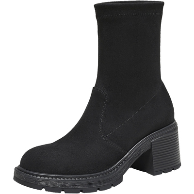 TATA他她靴子2025冬袜靴新款女靴瘦瘦靴弹力靴粗跟短靴XWX01DZ5