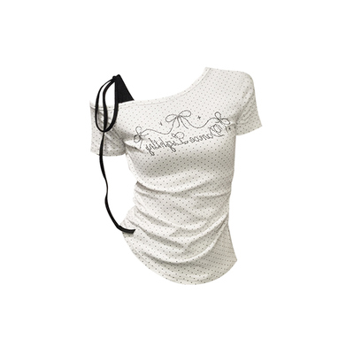 白色波点烫钻斜肩短袖t恤女夏季