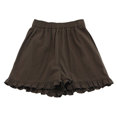 棉锦混纺松紧腰微阔荷叶边短裤