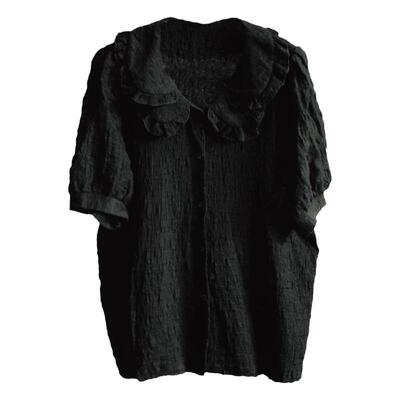 可爱双层娃娃领黑色泡泡短袖衬衫