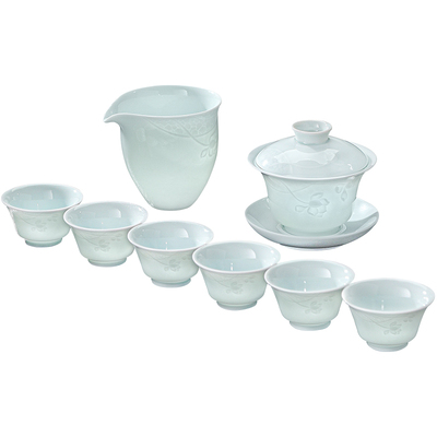 景德镇高温白瓷影青浮雕茶具套装