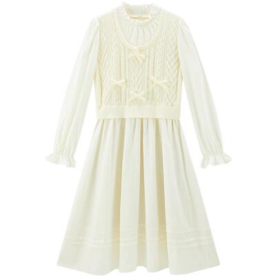 【商场同款】乐町拼接假两件连衣裙女装春季长款小白裙C1FAF1203*