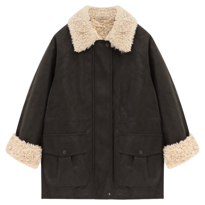 Basic House/百家好复古皮毛一体外套女仿羊羔毛翻领加厚PU外套冬