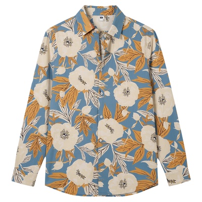 Printed collar shirt with short sleeves men 印花对襟衬衫长袖