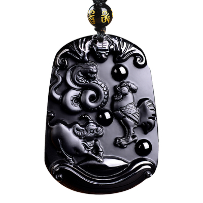 天然黑曜石三合蛇鸡牛吊坠猪兔羊