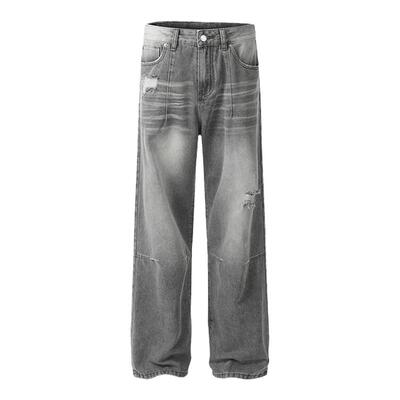 小柯XCOK烟灰色破洞牛仔裤男美式高街vibe复古水洗做旧宽松直筒裤