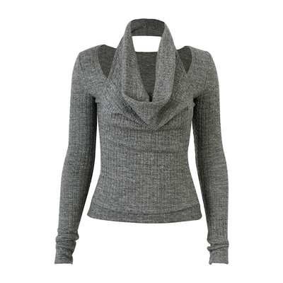 PynkiSwear 米白/灰色荡领挂脖假两件针织上衣女长袖套头麻花毛衣