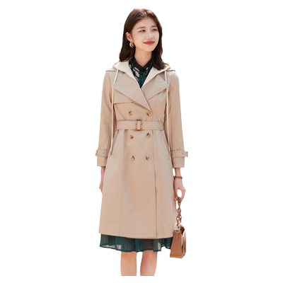 乔妮塔连帽中长款双排扣风衣外套