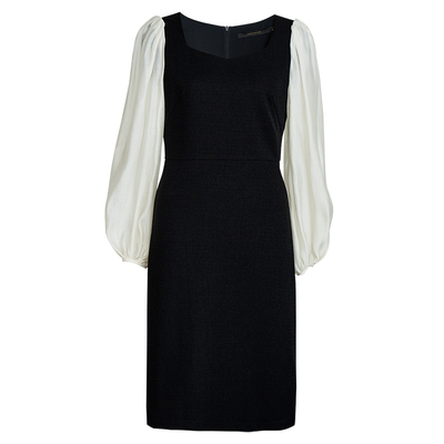 罗衣优雅拼色灯笼袖连衣裙