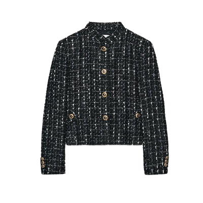 春季新品女装单排多扣长袖高领金属色线纹理西装外套 2293650