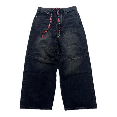 黑色小花抽绳baggy牛仔裤