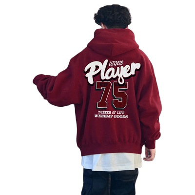 复古酒红美式潮牌重磅连帽卫衣男