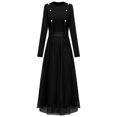 连衣裙两件法式小众网纱圆领黑色