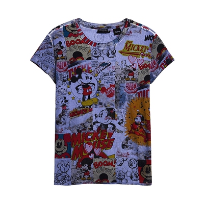 Desigual26秋冬新品Disney联名浅紫米奇满印修身圆领女式T恤