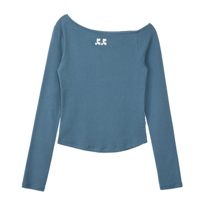 辣妹风露肩一字领长袖修身T恤