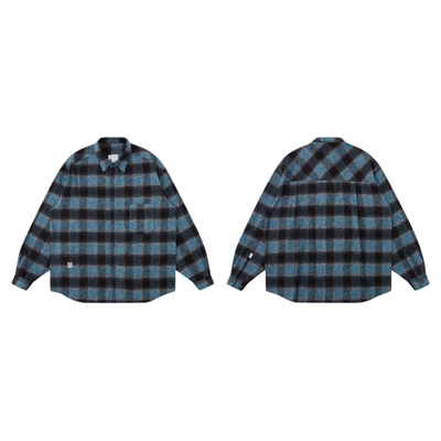 warmtrees2025秋冬新款双面拉绒蓝格纹贴袋宽松衬衫