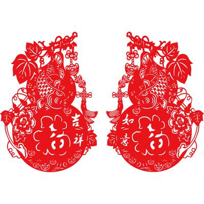 葫芦福字剪纸窗花植绒布镂空玻璃门贴纸过年春节马年画年年有余